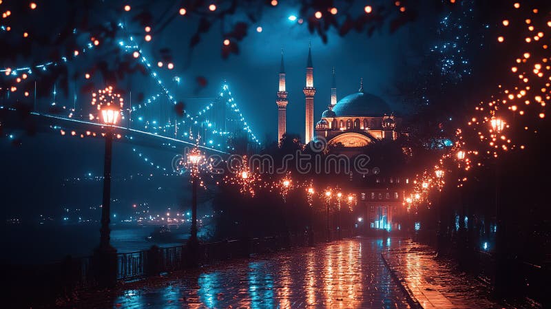 Night Mosque, Bridge, City Lights, Riverside Walk, Festive Stock ...