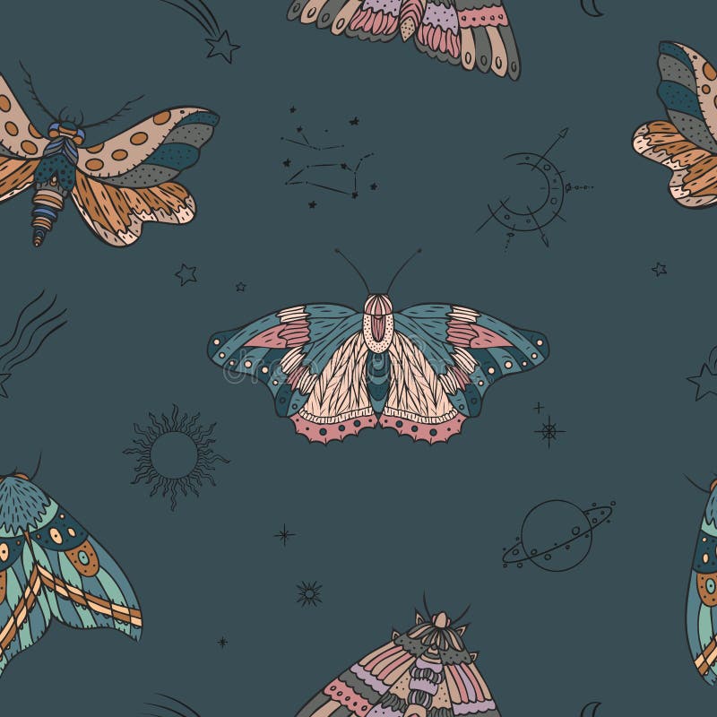 Night Moth, Symbols of the Sky, Sun and Moon Vector Seamless Pattern ...