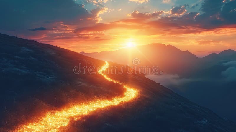 Night Mountain Landscape. Illuminated Path in the Mountains Stock Image ...