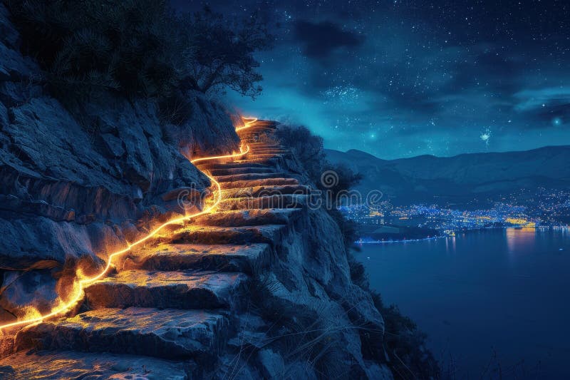 Night Mountain Landscape. Illuminated Path in the Mountains Stock Image ...