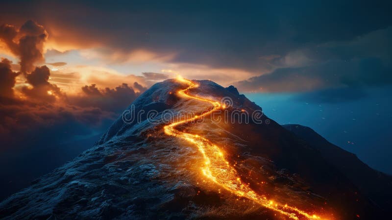 Night Mountain Landscape. Illuminated Path in the Mountains Stock Photo ...