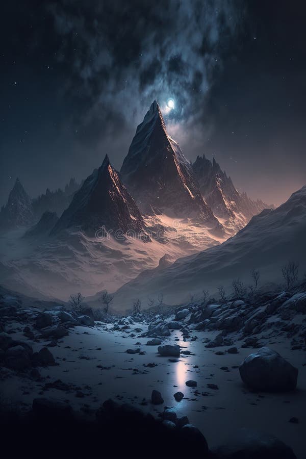 Night Mountain Landscape with Stars and Moon Shining through the Clouds ...
