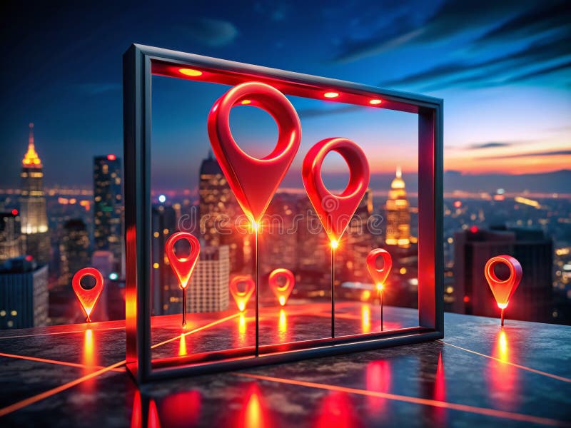 Night Navigation 3D Isometric Red GPS Map Markers for Destination Finding Advanced Location Pin ...