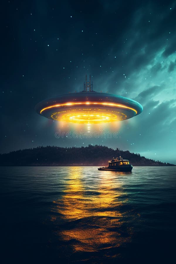 Night Ocean Shore. High in the Sky a Big UFO Full of Lights Stock ...