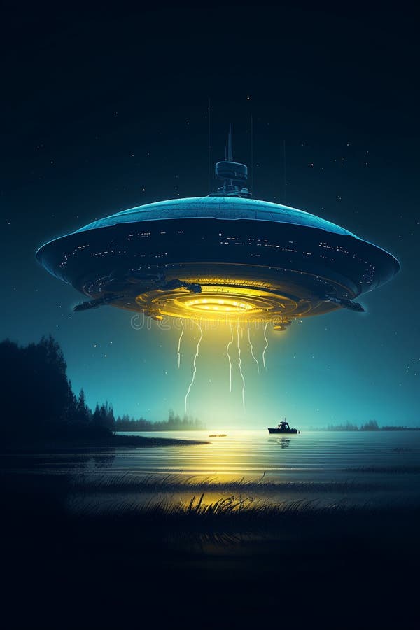 Night Ocean Shore. High in the Sky a Big UFO Full of Lights Stock ...