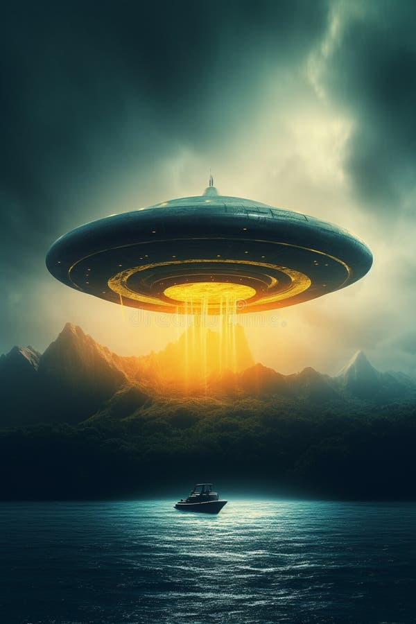 Night Ocean Shore. High in the Sky a Big UFO Full of Lights Stock ...