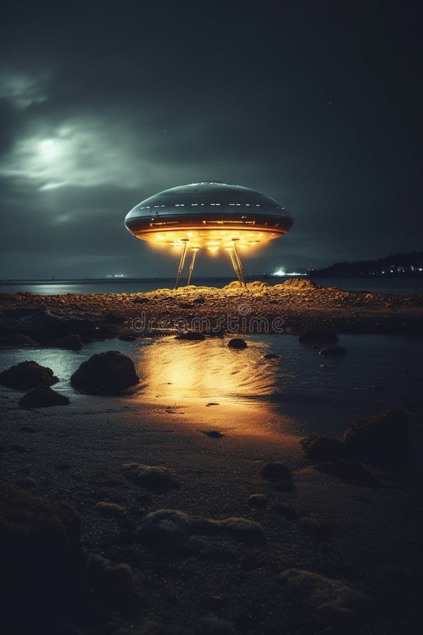 Night Ocean Shore. High in the Sky a Big UFO Full of Lights Stock ...