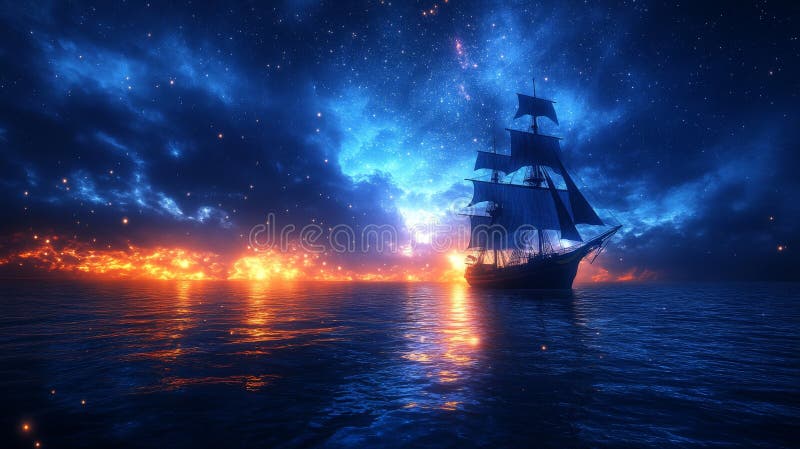 Night Ocean Voyage with Ship Sailing Under Starry Sky Stock ...