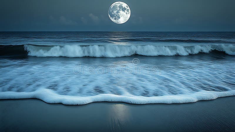 Tranquil Ocean Waves Under Large Moon Serene Night Sky Stock Photos ...