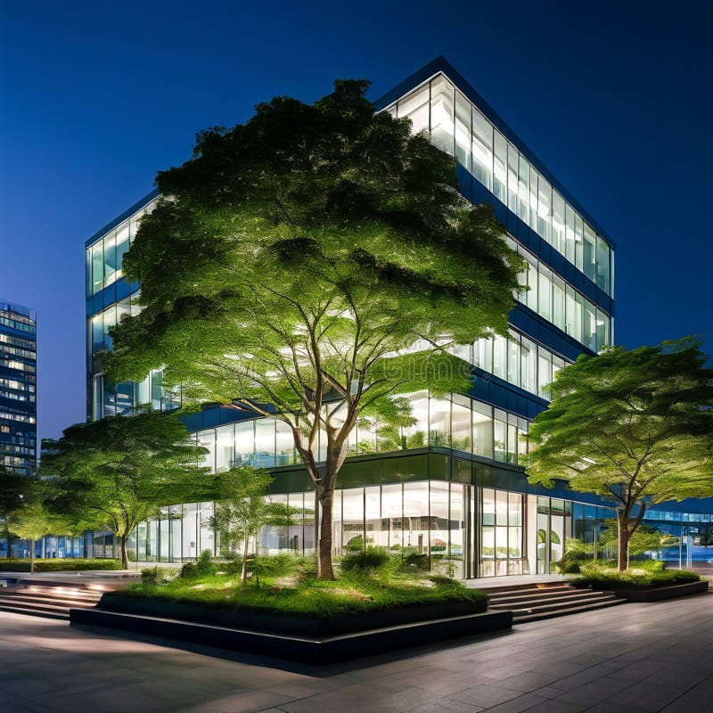 Night Office Building with Tree Stock Illustration - Illustration of ...