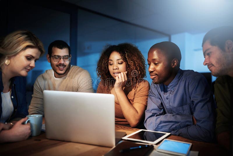 Night, Office and Business People with Collaboration by Laptop for Web ...