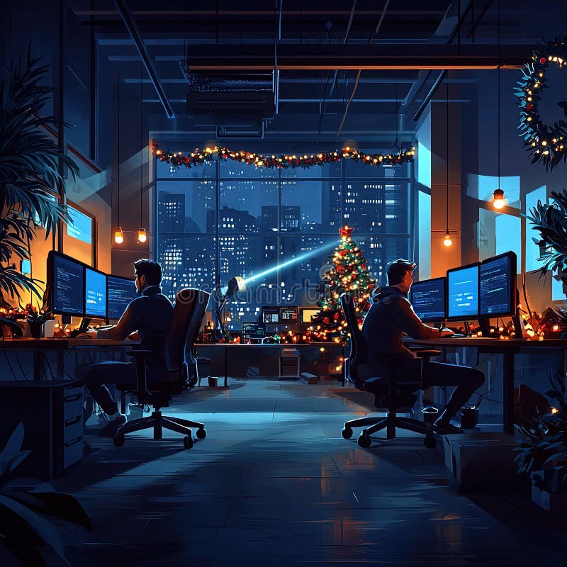 Night at the Office before Christmas, Two Guys-developers Working Late ...