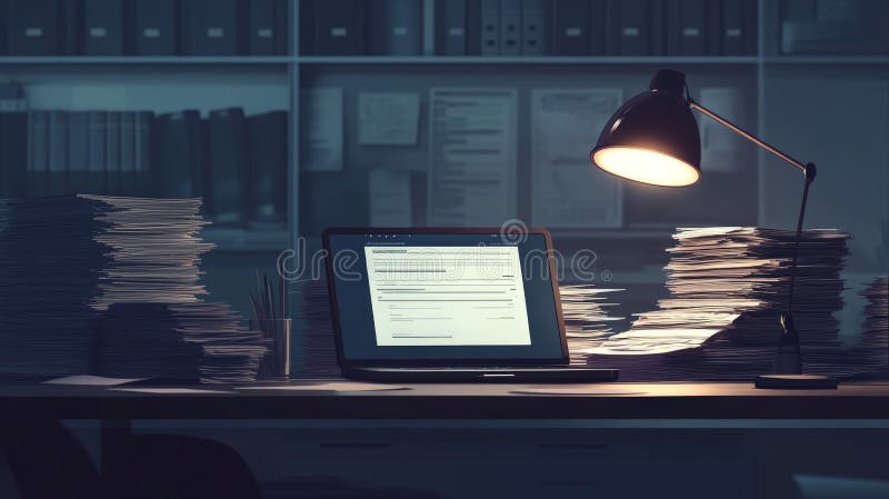 Night Office: Cozy Workspace with Computer, Lamp, and Stacks of Papers ...