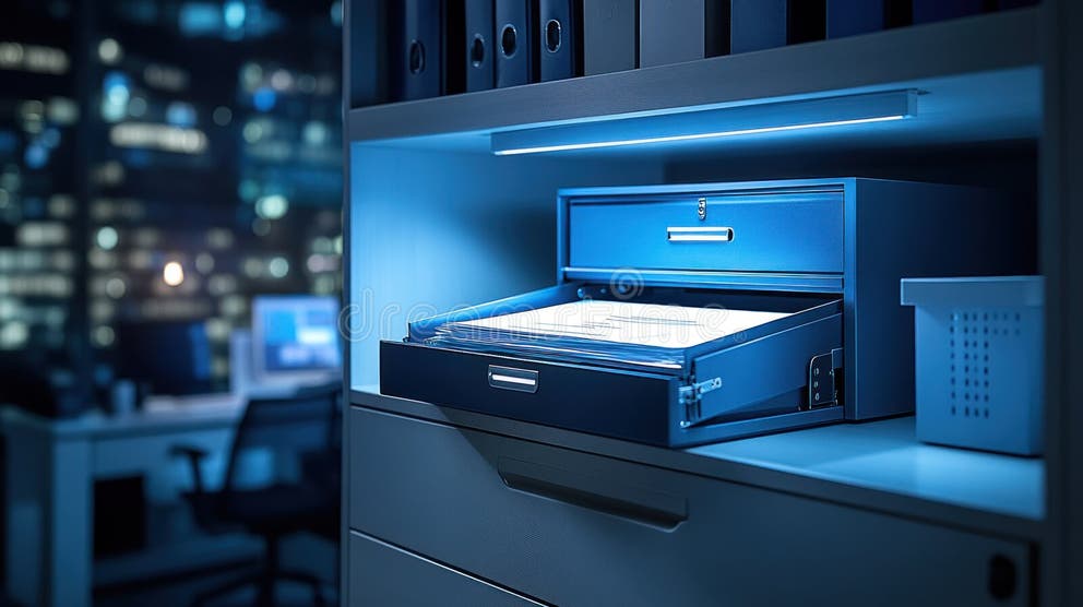 Night Office, File Drawer Open, Documents, City View, Security Stock ...