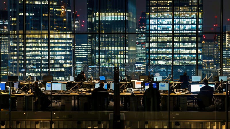 Night Office Interior. View of the City from the Office Windows in the ...