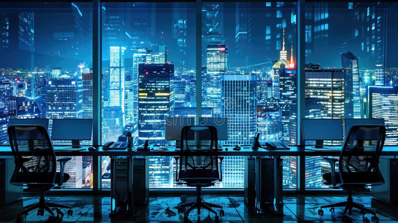 Night Office Interior. View of the City from the Office Windows in the ...