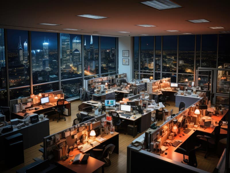 Night Office View with Glowing Windows Stock Illustration ...