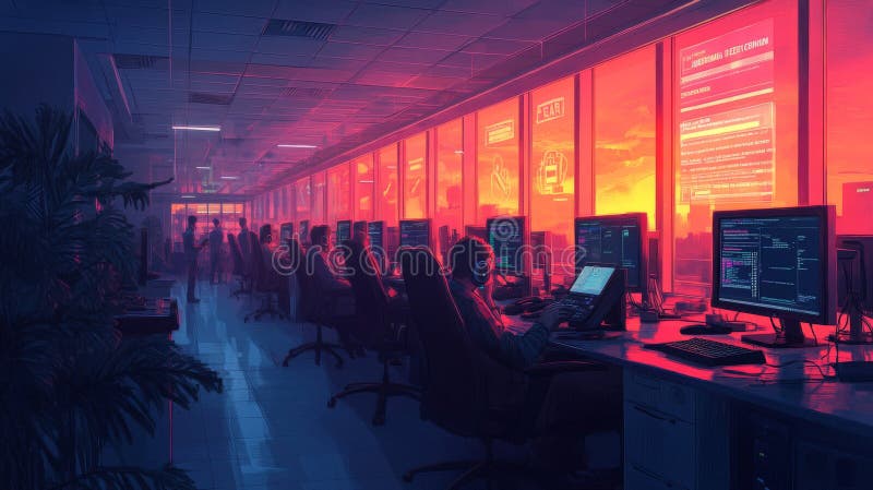 Night Office Workers Programming at Sunset Cityscape Stock Illustration ...