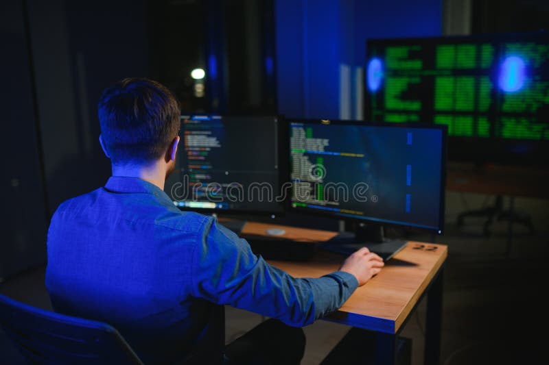 Night Office: Young Handsome Man in Working on Desktop Computer ...