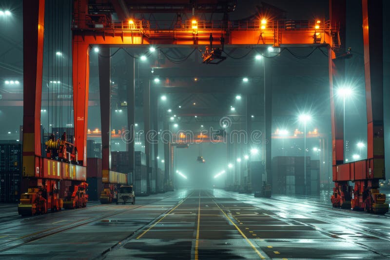 Night Operations At A Container Terminal Showcasing Vibrant Lighting And Busy Loading