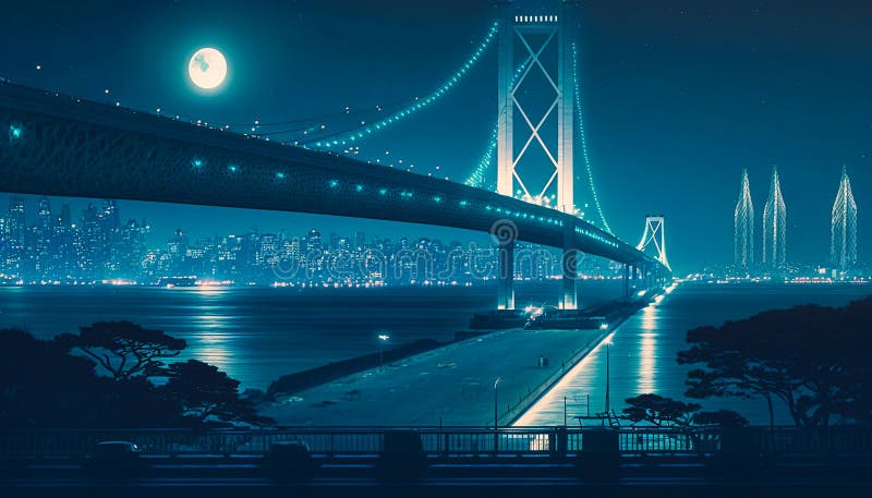 Night Overlook of Tokyo Google Maps 4 Bridge Sea, Generative AI Stock ...
