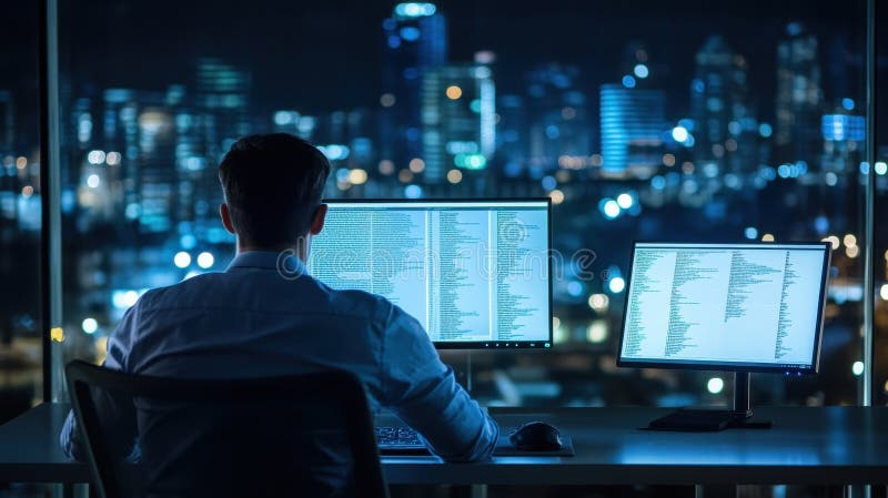 Night Owl Coder Man Working Late on Computer with City Lights View ...
