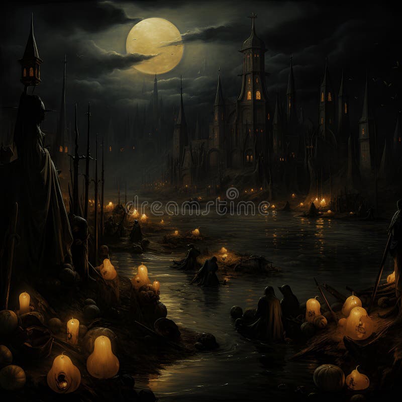 Night Panorama Drawn by a Flemish, Gothic and Visionary Painter Stock ...