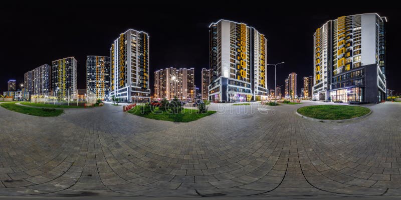 Night Panorama 360 Near Skyscraper Multistory Buildings with ...