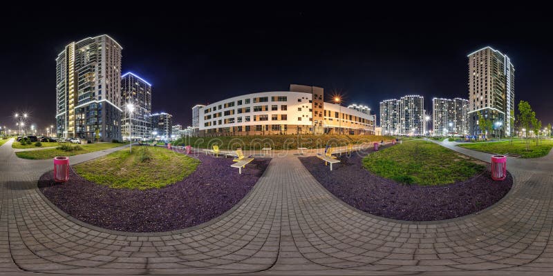 Night Panorama 360 Near Skyscraper Multistory Buildings with ...