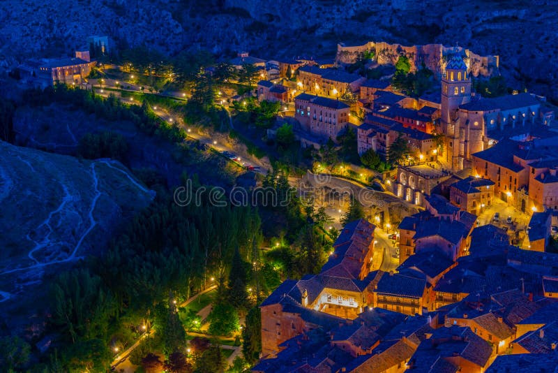 Night Panorama View of Spanish Town Albarracin Stock Photo - Image of ...