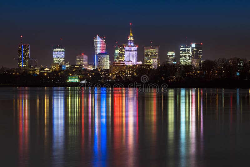 Night Panorama of Warsaw Skyline Stock Image - Image of dusk, europe ...