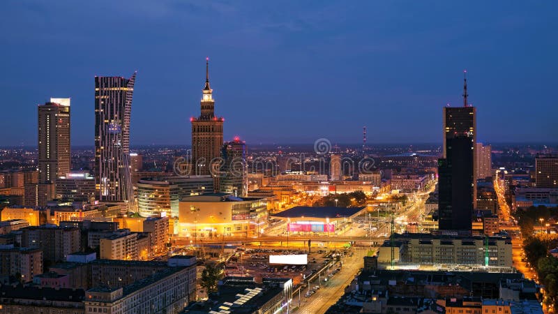 Night panorama of Warsaw editorial stock image. Image of city - 99894264
