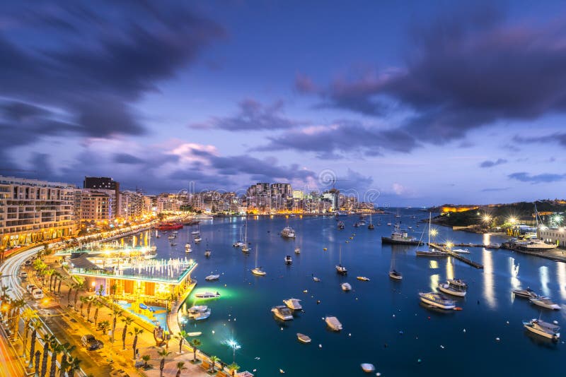 Night Panoramic Cityscape of Sliema Bay in Malta Stock Photo - Image of ...