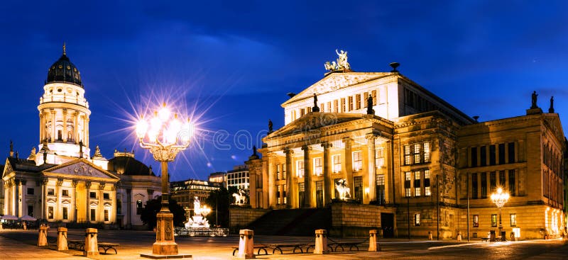 Night Panoramic. Gendarmenmarkt Square with German Cathedral Stock ...