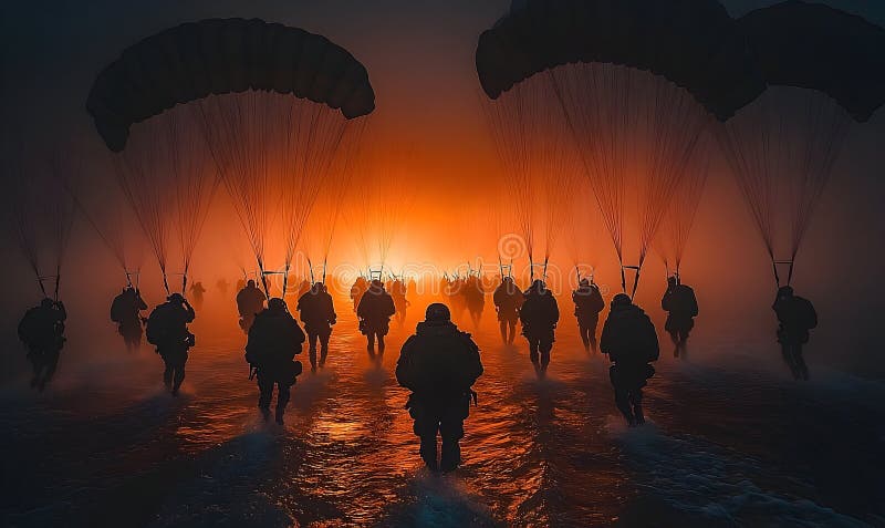 Sunset Paratroopers stock illustration. Illustration of danger - 375593903