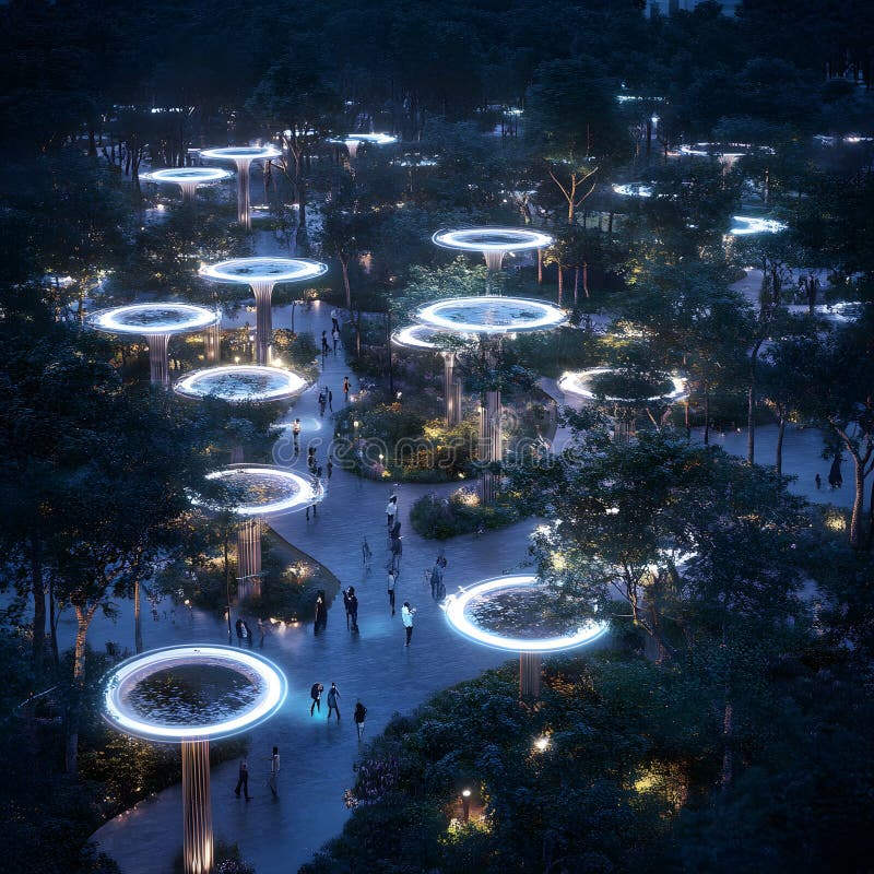 Night Park with Illuminated Circular Light Installations and People ...