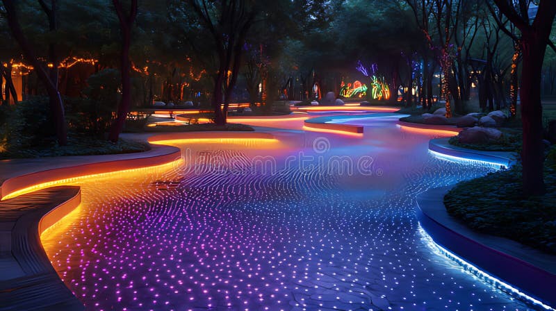 Night Park Pathway, Colorful LED Lights, Trees, Illuminated Landscape ...