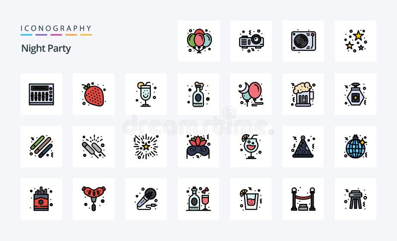 25 Night Party Line Filled Style Icon Pack Stock Vector - Illustration ...