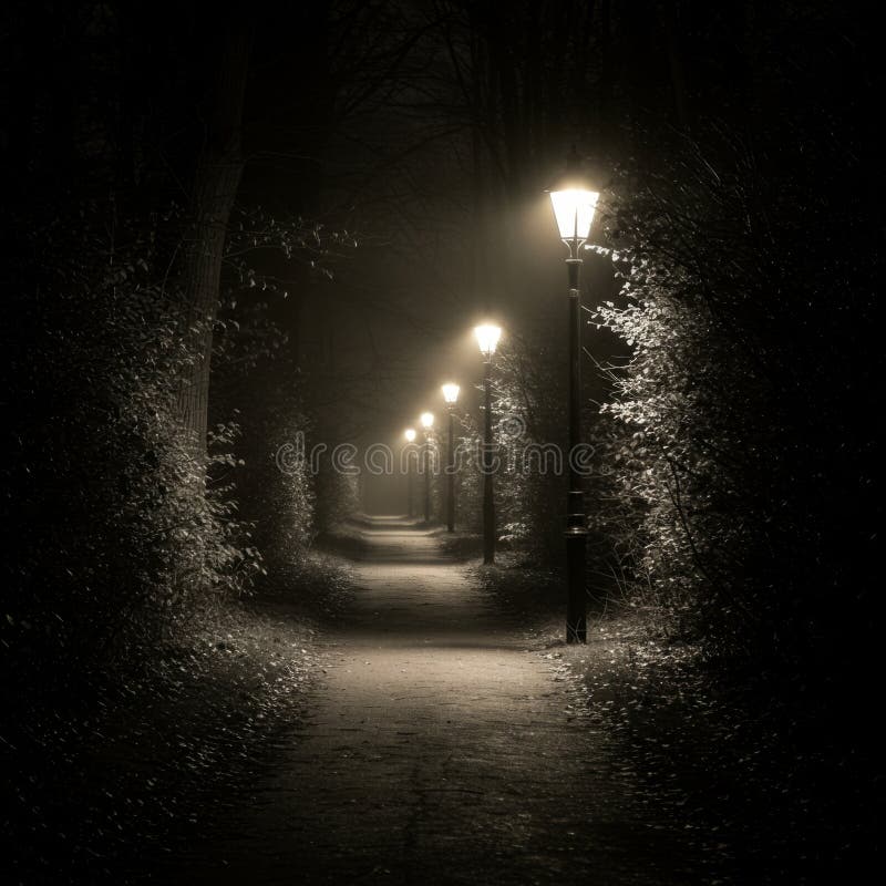 Night Path Illuminated by Streetlights Stock Illustration ...