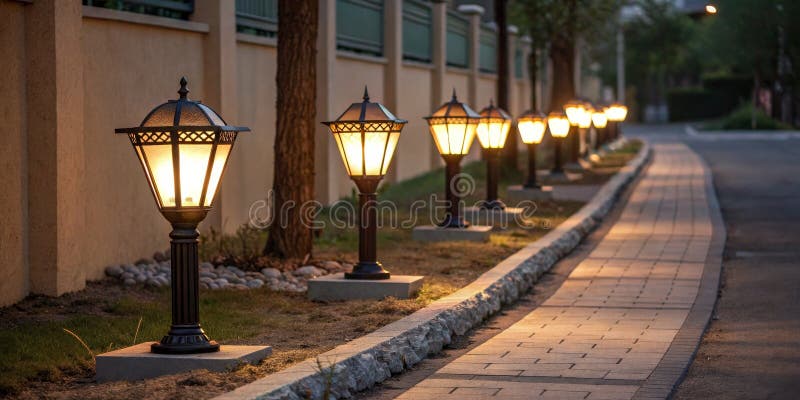 Night Pathway Landscape Illuminated Garden Walk with Classic Lanterns ...