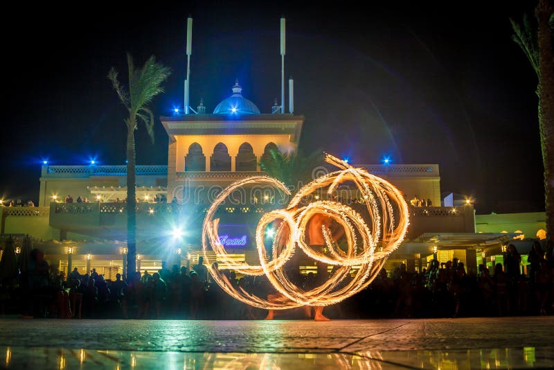 Night Performance Fire Show In Front Of A Crowd Of People Stock Photo ...