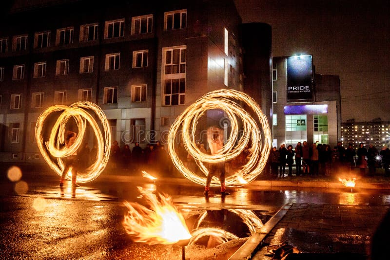 Night Performance Fire Show in Front of a Crowd of People Editorial ...