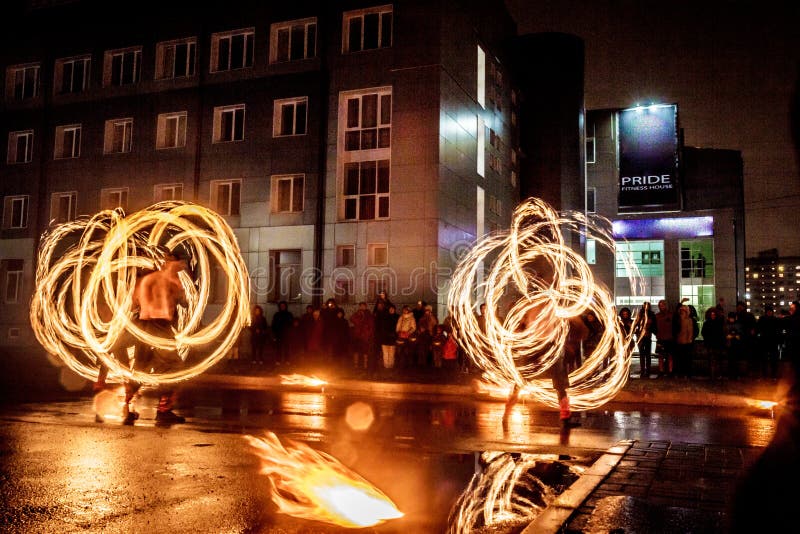 Night Performance Fire Show in Front of a Crowd of People Editorial ...