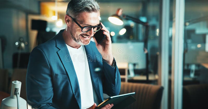 Night, Phone Call and Man in Office on Tablet for Feedback, Overtime ...