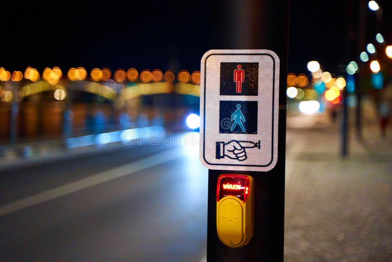 Night Photo of a Button that Turns on a Traffic Light for a Pedestrian ...