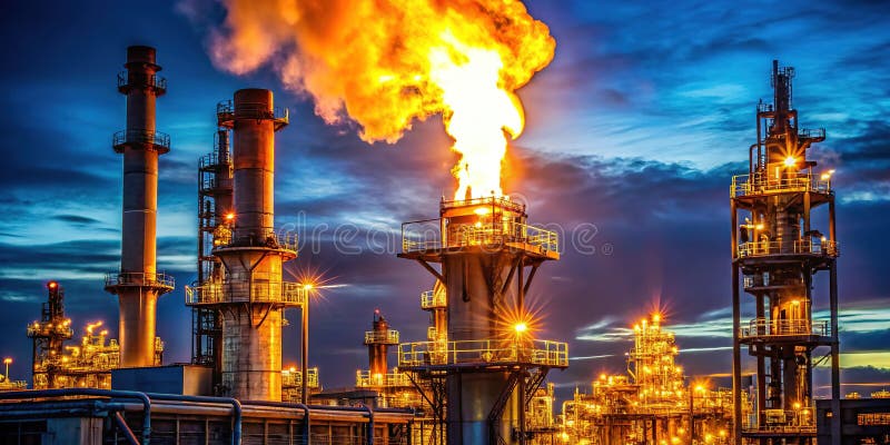 Night Photography of a Bright Industrial Refinery Flare Stack Emissions ...