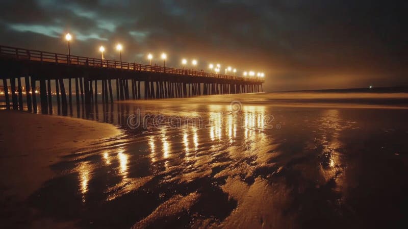 Night Photography of Illuminated Pier on Sandy Beach Stock Illustration ...