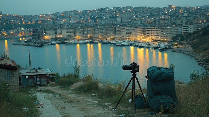 Night Photography Setup Overlooking an Illuminated Harbor City Stock ...