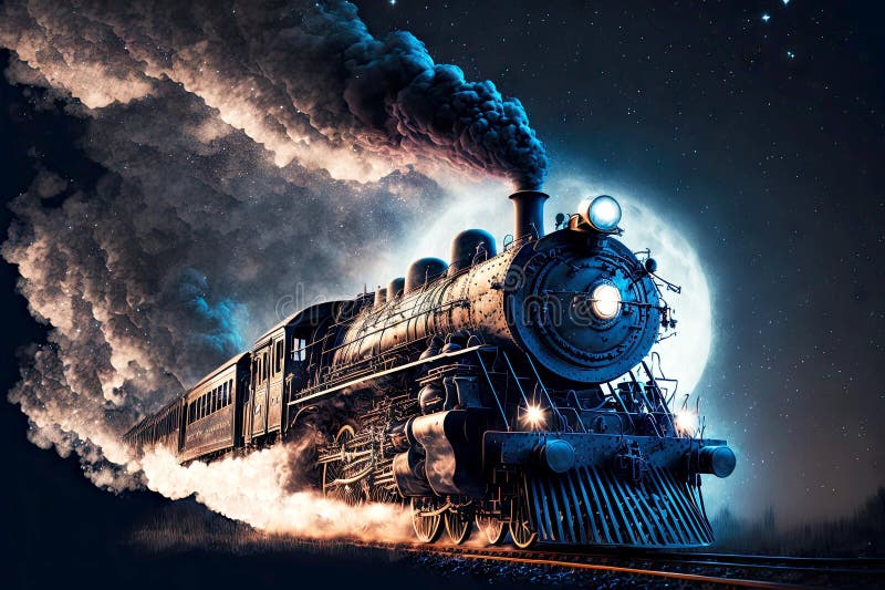 Night Polar Express Train with Clouds of Smoke Rushing Along Rails ...