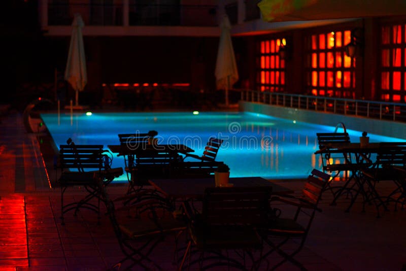 Night Pool Side Of Rich Hotel Stock Image - Image of dark, mattress ...